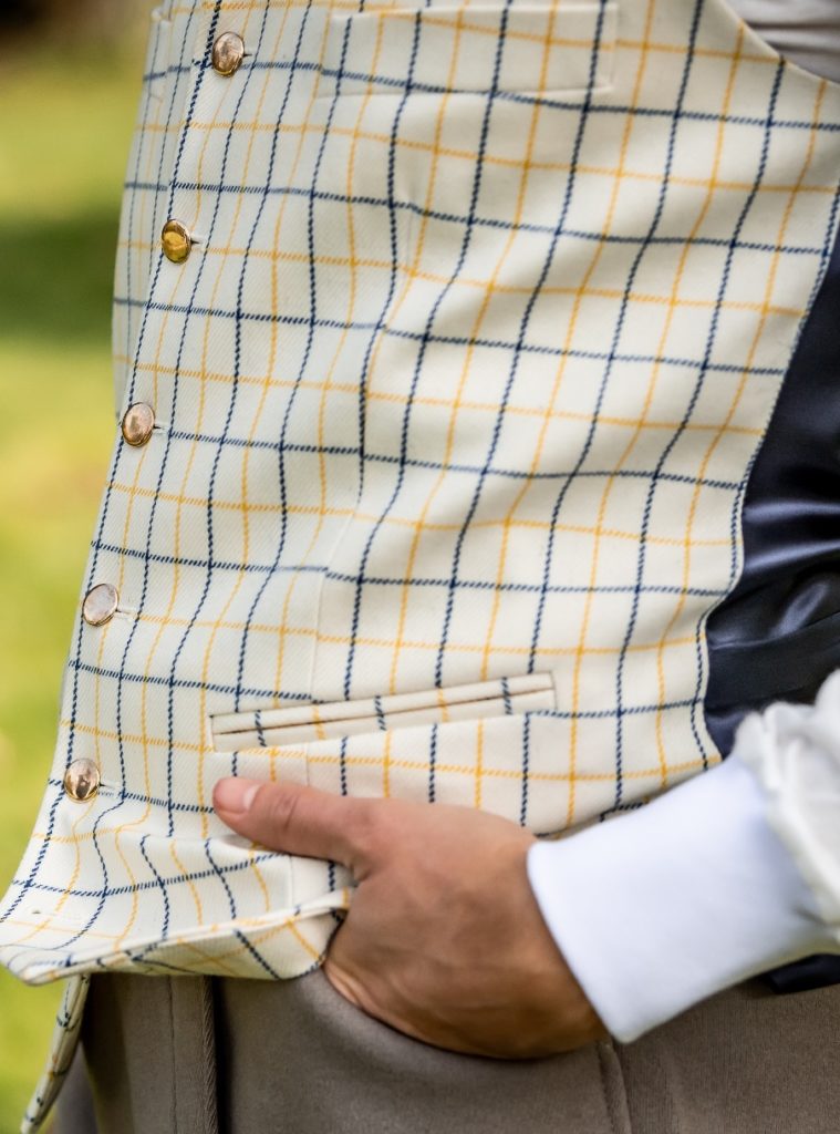 Mens Waistcoat - Blue/Gold Tattersall - Lapels - The Hunting Stock Market